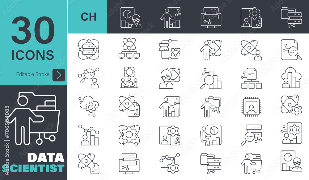 Data Scientist Icons set. 30 editable stroke vector graphic elements, Analyzing, Artificial ...