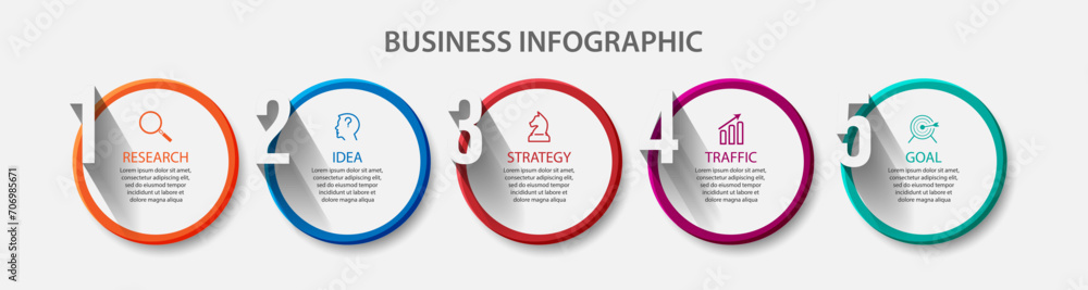 business infographic 5 parts or steps, there are icons, text, numbers ...
