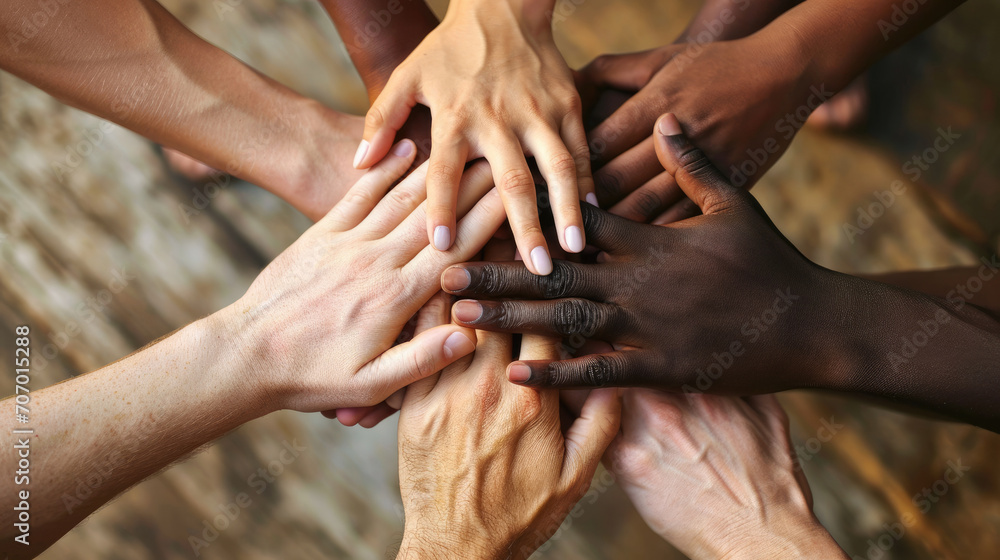 Hands of different people, of diverse race, skin color, gender raising ...