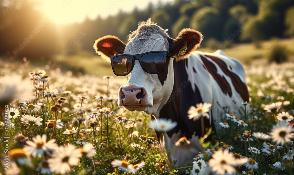 Humorous portrait of a happy cow with sunglasses in a sunny field of ...
