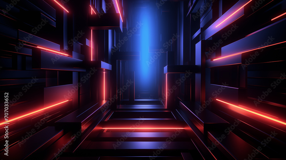Abstract geometric background with black metall texture and neon light ...
