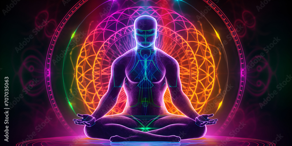 Neon glows. chakra, spiritual, energy, meditation, reiki, woman, yoga ...