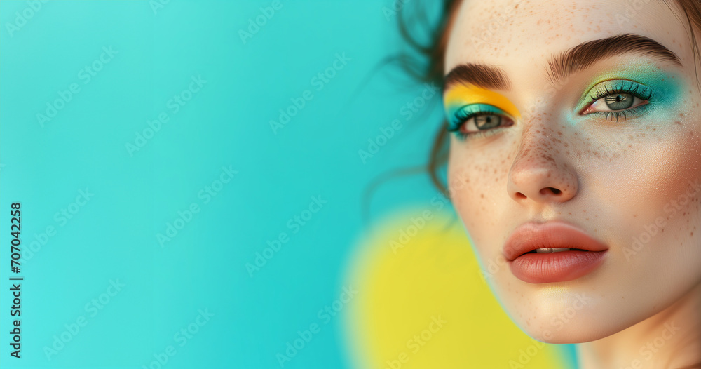 Fashion model woman face with fantasy art make-up. Bold makeup, glance ...