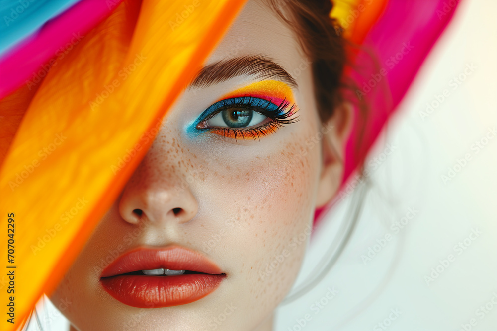 Fashion model woman face with fantasy art make-up. Bold makeup, glance ...