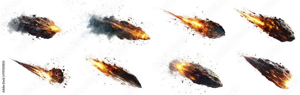 Set of meteor in the air engulfed in fire, cut out - stock png. Stock ...