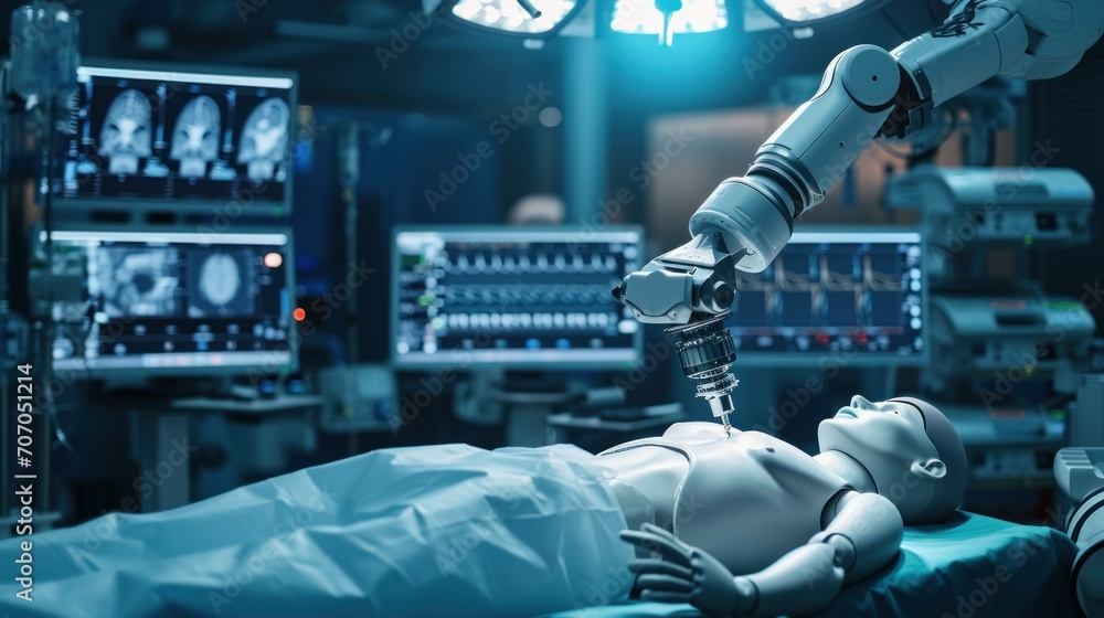 Robotic arm performing surgical procedure on medical dummy, with AI-driven monitors displaying ...