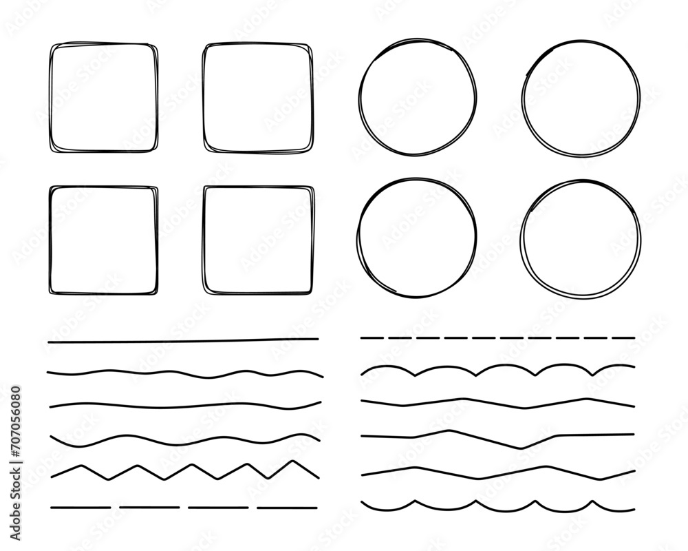 Set of hand drawn frames and lines elements. Square and round frames or ...