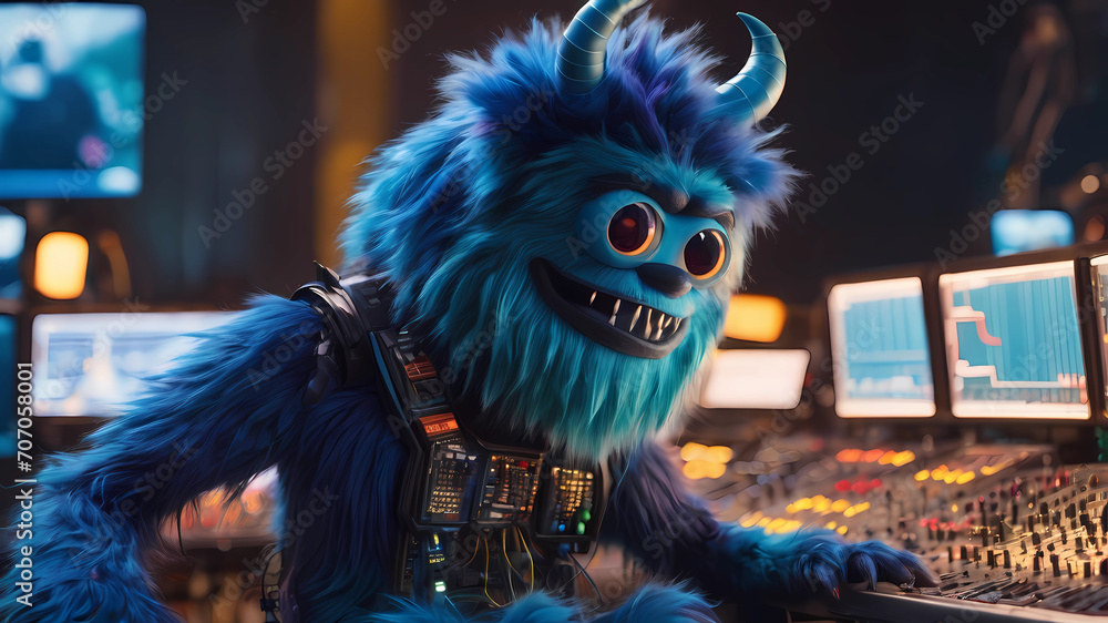 zoom out on a big, fun loving, hairy, blue spotted fur monster wearing ...