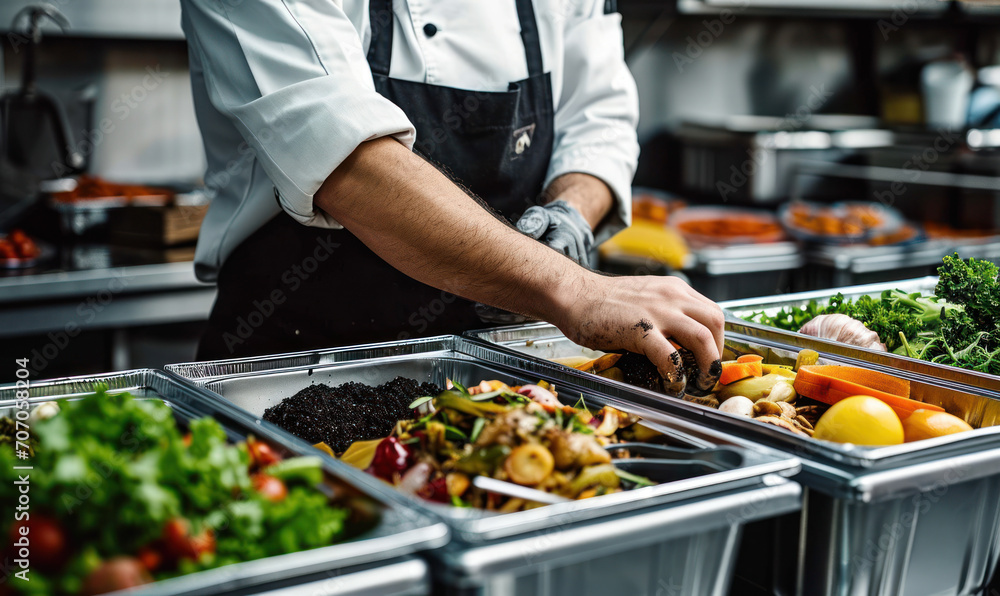 Chef in a commercial kitchen practicing sustainability by sorting ...