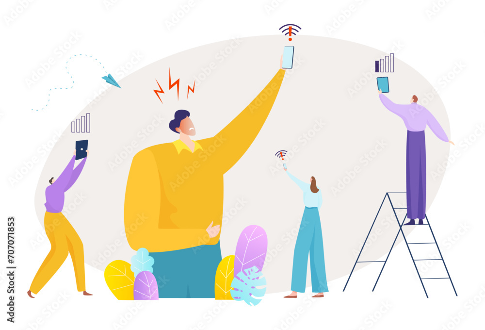 People trying to get better mobile signal. Characters holding phones up ...