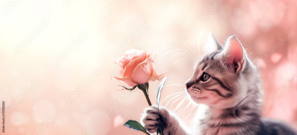 Cute kitten giving a red rose sitting on a delicate pastel background ...