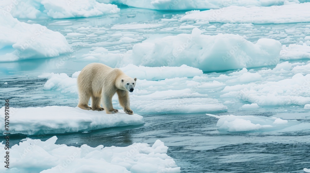 Alone on a shrinking ice floe, a majestic polar bear braves the frozen ...