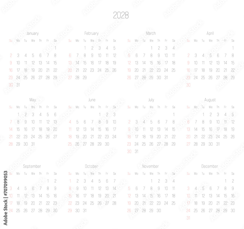 Monthly calendar of year 2028. Week starts on Sunday. Block of months ...