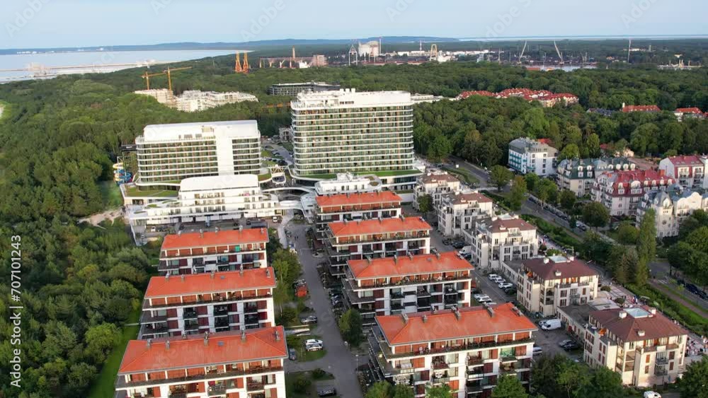 Swinoujscie city in Poland, aerial view. Establishing shot of famous ...