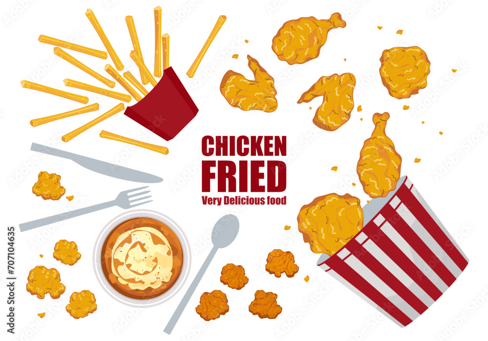 Set of delicious fast food illustrations. Fried chicken bucket. Fried ...