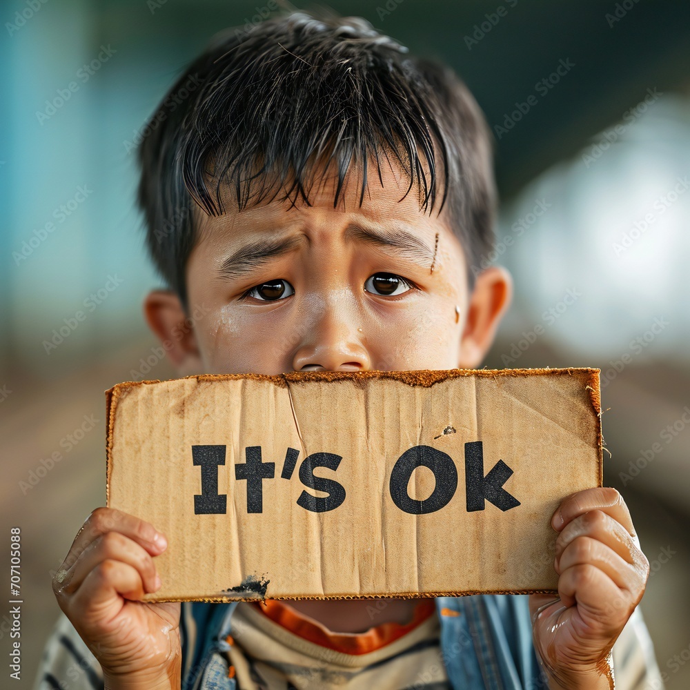 An asian boy with a grimy face and sad eyes holds a cardboard poster ...