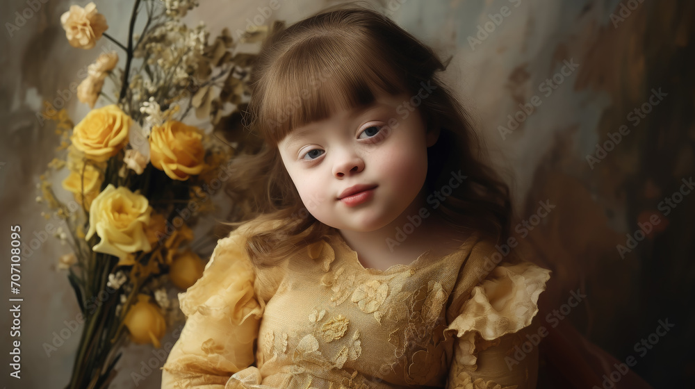 ภาพประกอบสต็อก little cute girl with down syndrome in dress in a room ...