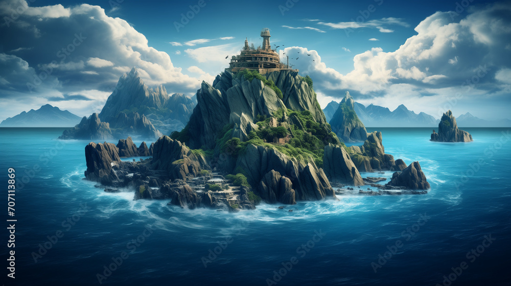 island in the ocean, A small island with small cliffs behind it, Aerial ...