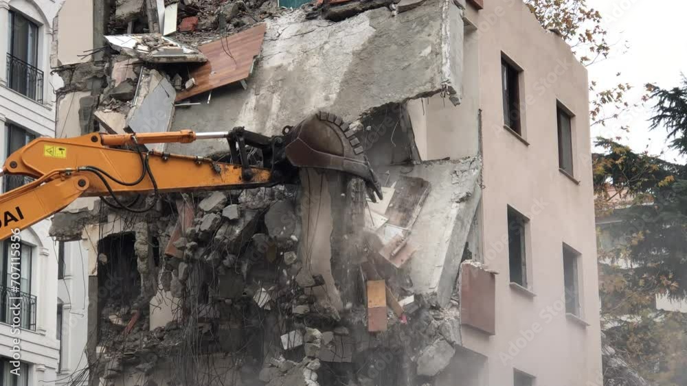 4K Construction Building - Demolition digger destroying an old building ...