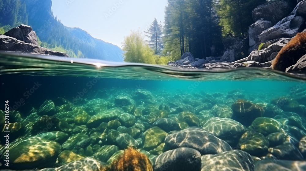 coral reef and sea, River underwater rocks on a shallow riverbed with ...