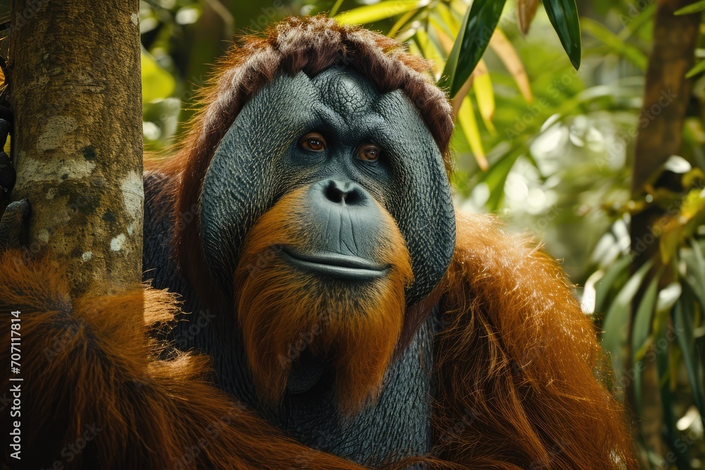 A majestic great ape, the orangutan, stands tall among the lush green ...