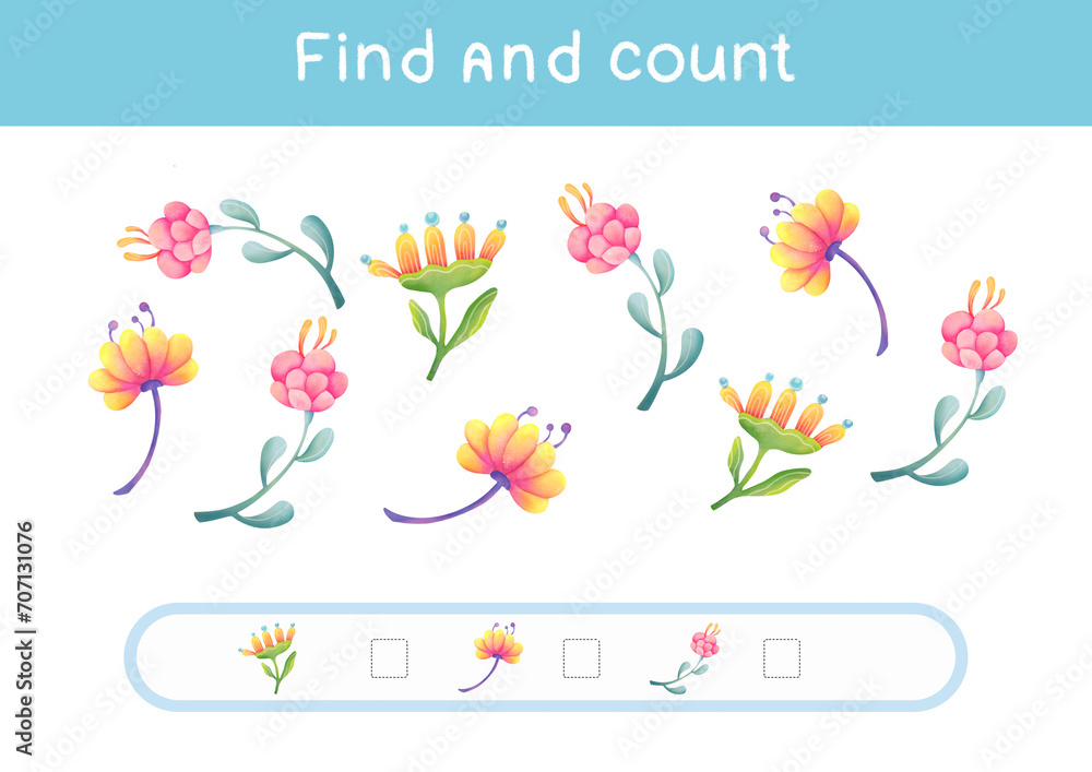 Count all flowers, Count the number and write right answer into box ...