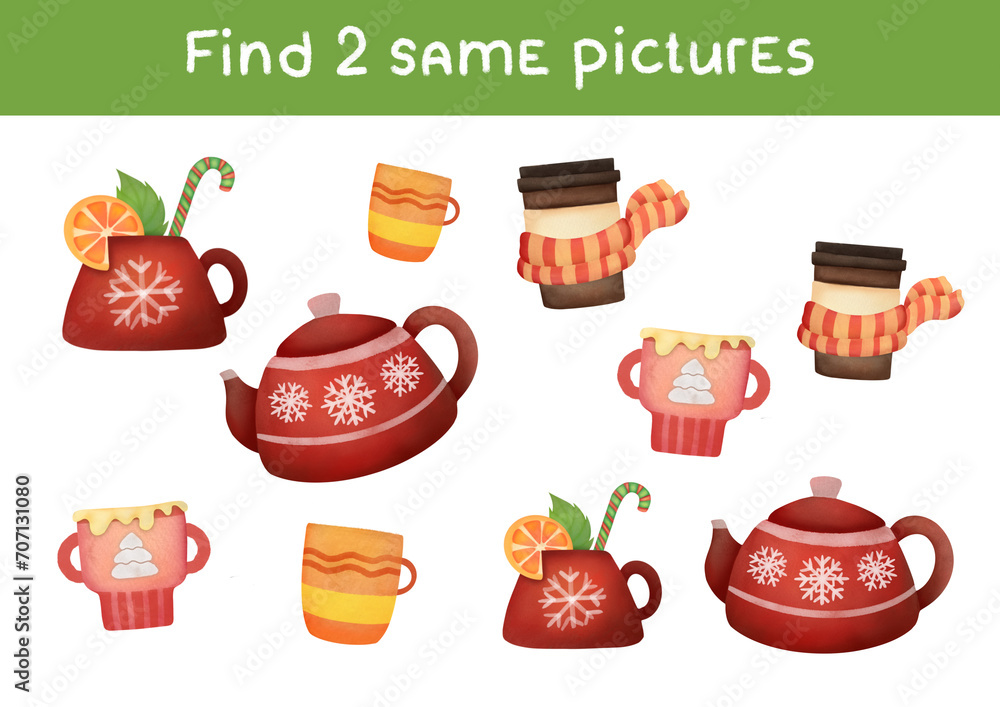 Cartoon cute cups, drinks, kettle. Find two same pictures. Educational ...