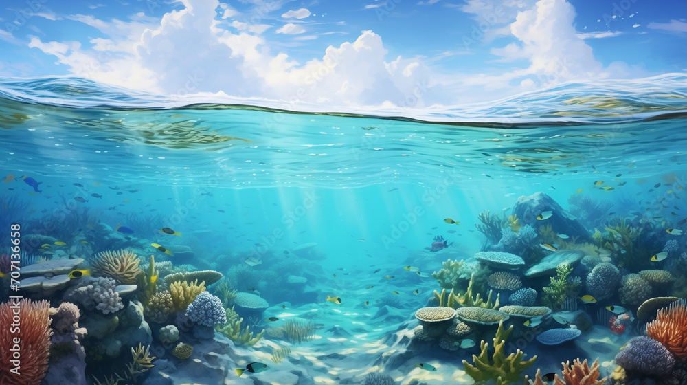 Underwater shot of marine life, Beautiful blue ocean background with ...