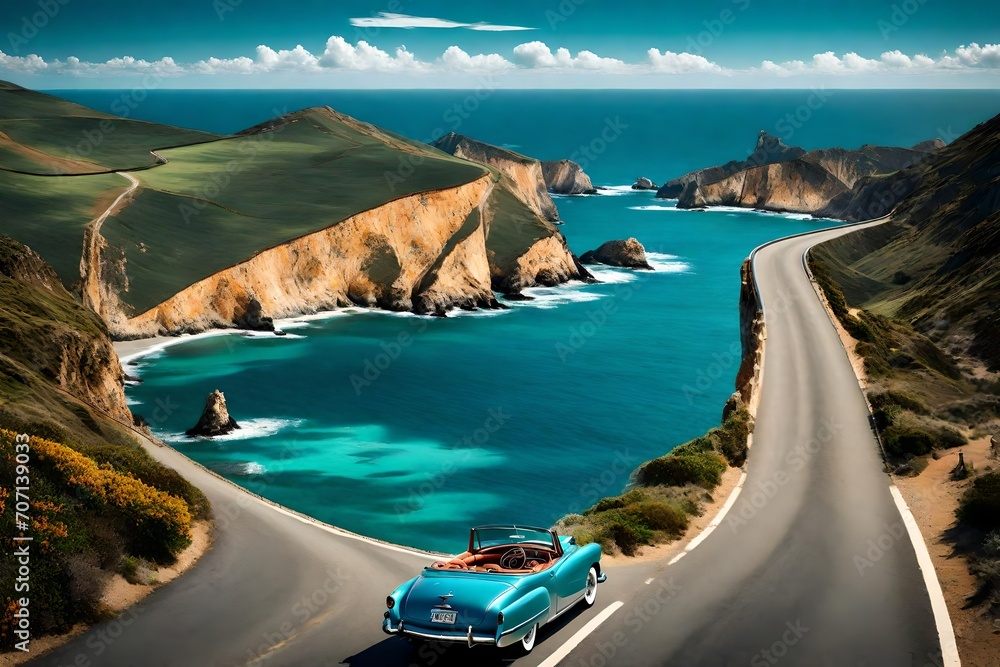 A classic convertible car from the 1950s cruising along a winding ...