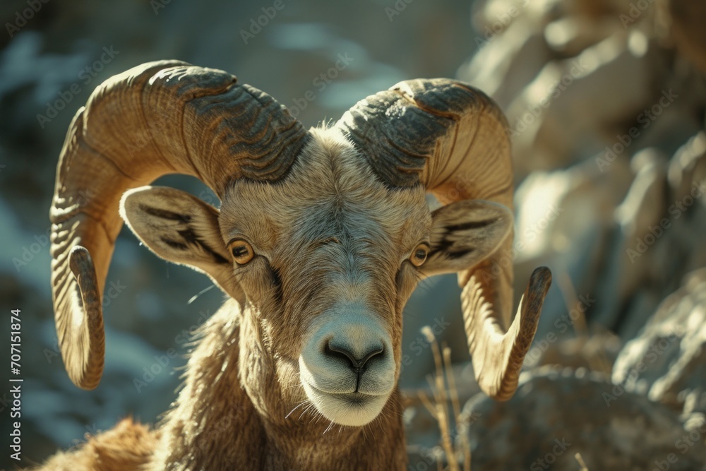 Noble bighorn sheep with majestic curved horns in its rocky mountain ...
