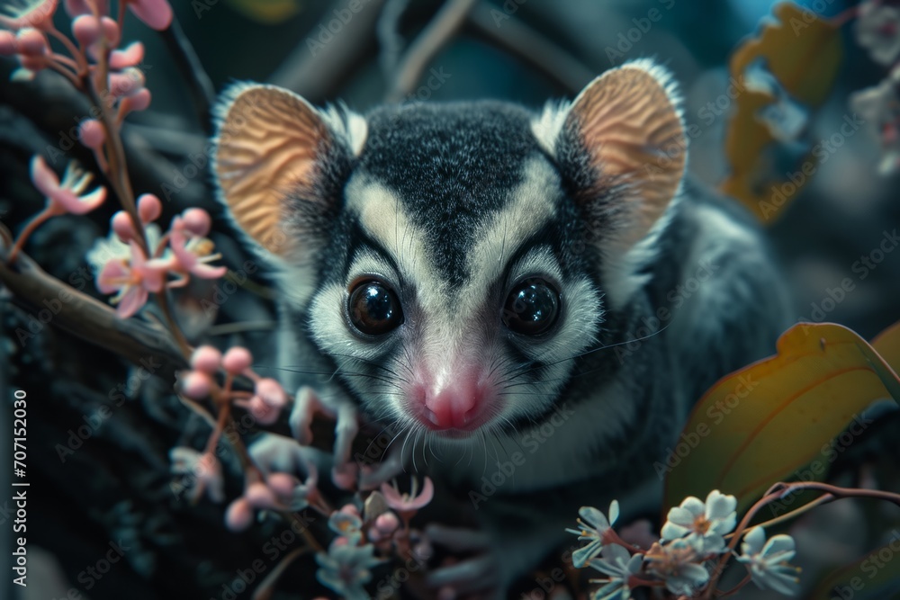 Captivating image of a sugar glider peeking out amidst vibrant flora ...