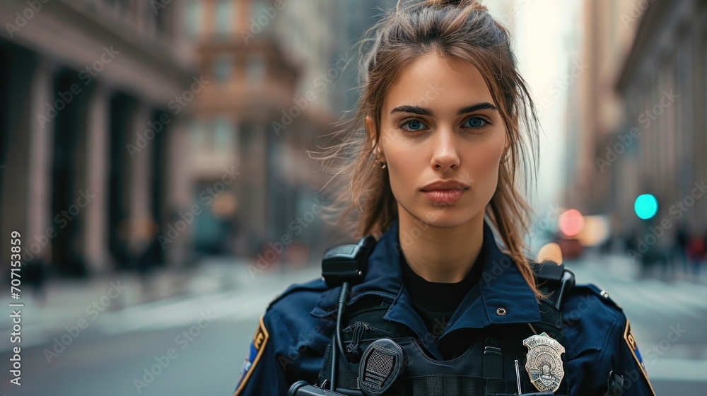 Alert female police officer on duty, representing safety and law ...