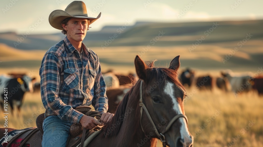 Young rancher on horseback herding cattle, representing traditional ...
