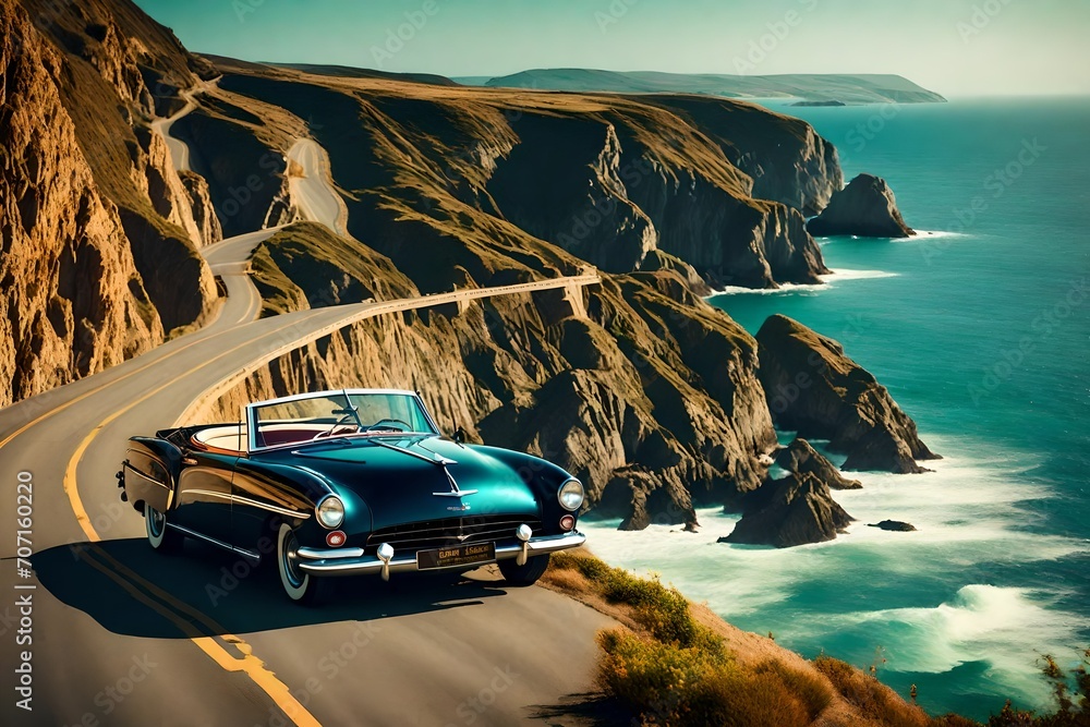 A vintage convertible car driving along a picturesque coastal road ...