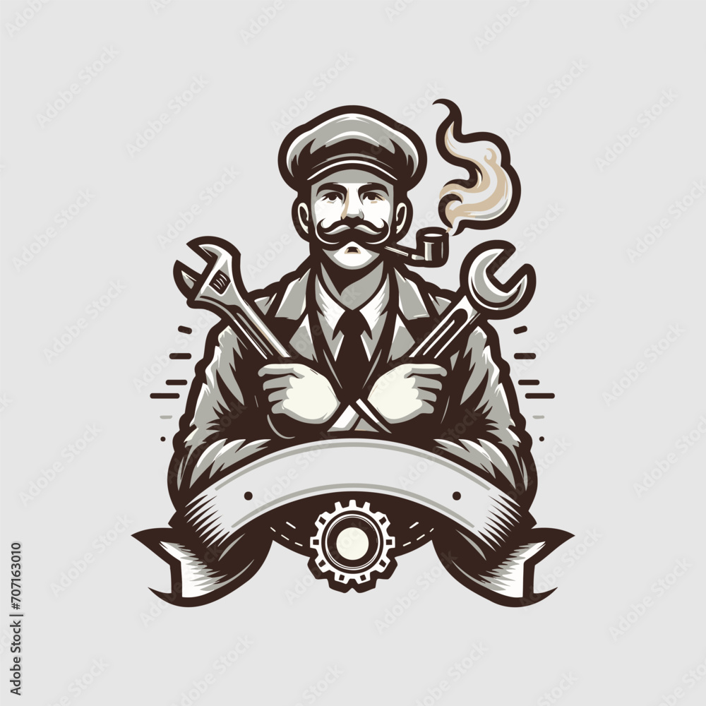 Vector illustration of a mechanical logo of a man carrying a wrench and ...