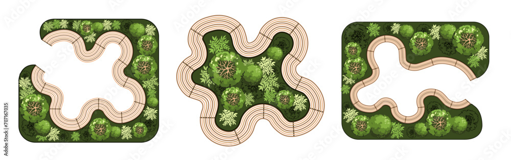 Top view elements for the landscape design plan. Benches with trees for ...