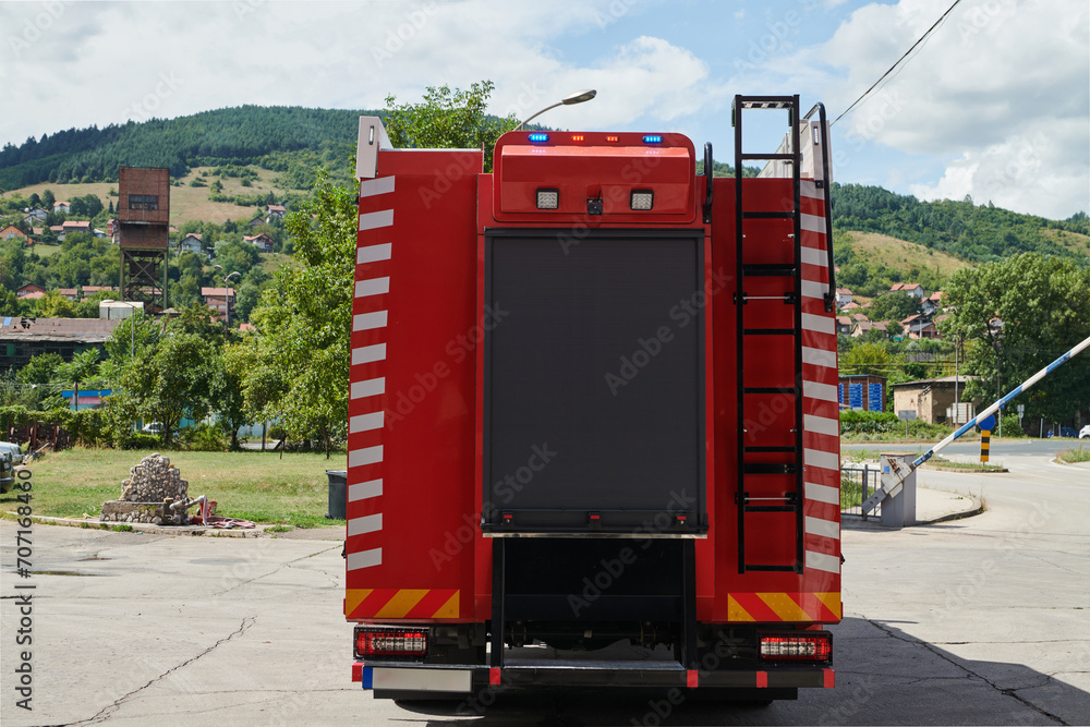Close-up of essential firefighting equipment on a modern firetruck ...