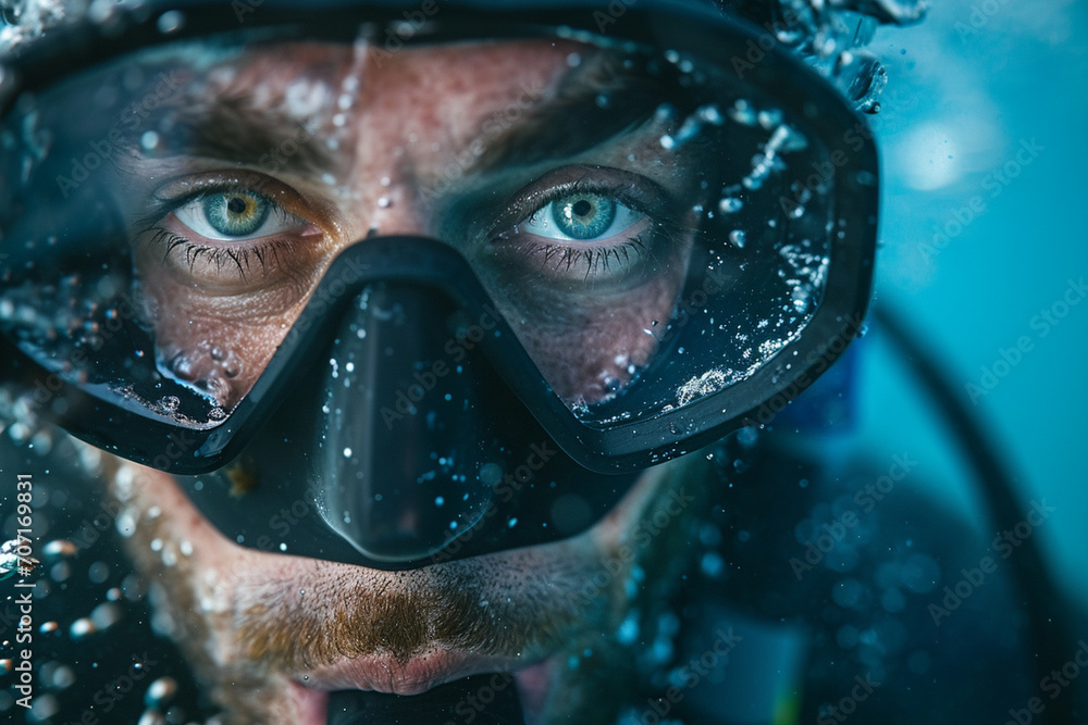 Close-up of a diver's concentrated face just before launching into a ...