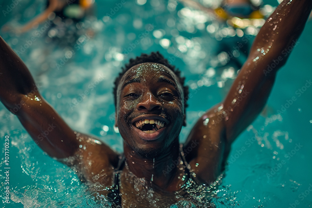 The jubilant reaction of a diver after a successful dive, surfacing ...