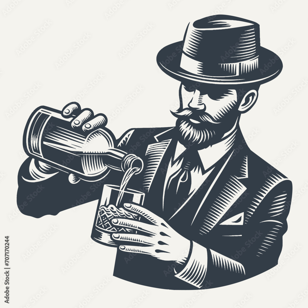 Nicely groomed bartender wearing a suit and a hat, pouring a drink from ...