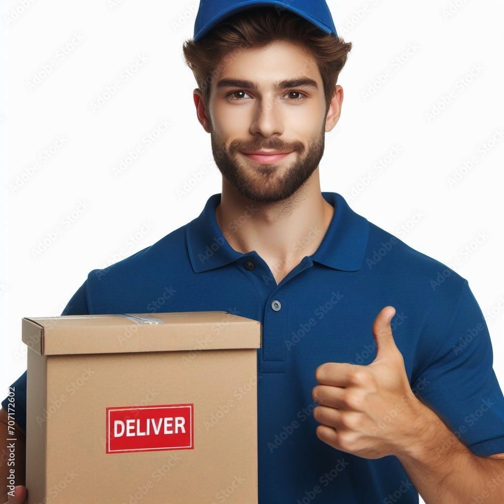 Homem bonito, segurando a caixa de entrega, entregador com encomenda em ...