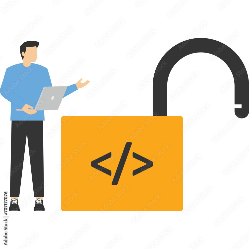 Open Source Programming Software Programmer Working On Unlock Key With Coding Symbol Digital