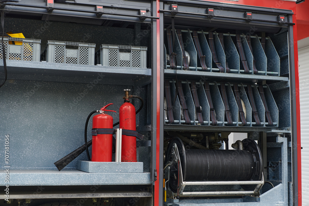 Close-up of essential firefighting equipment on a modern firetruck ...