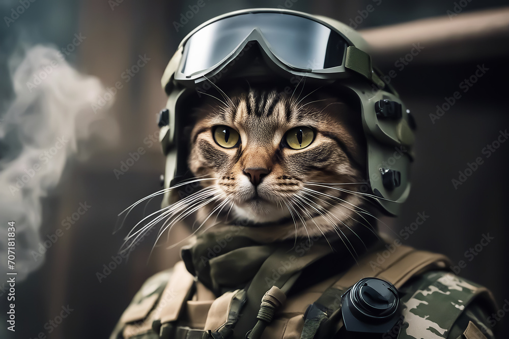 Cat soldier. A cat in military uniform at war. War cat in a helmet ...