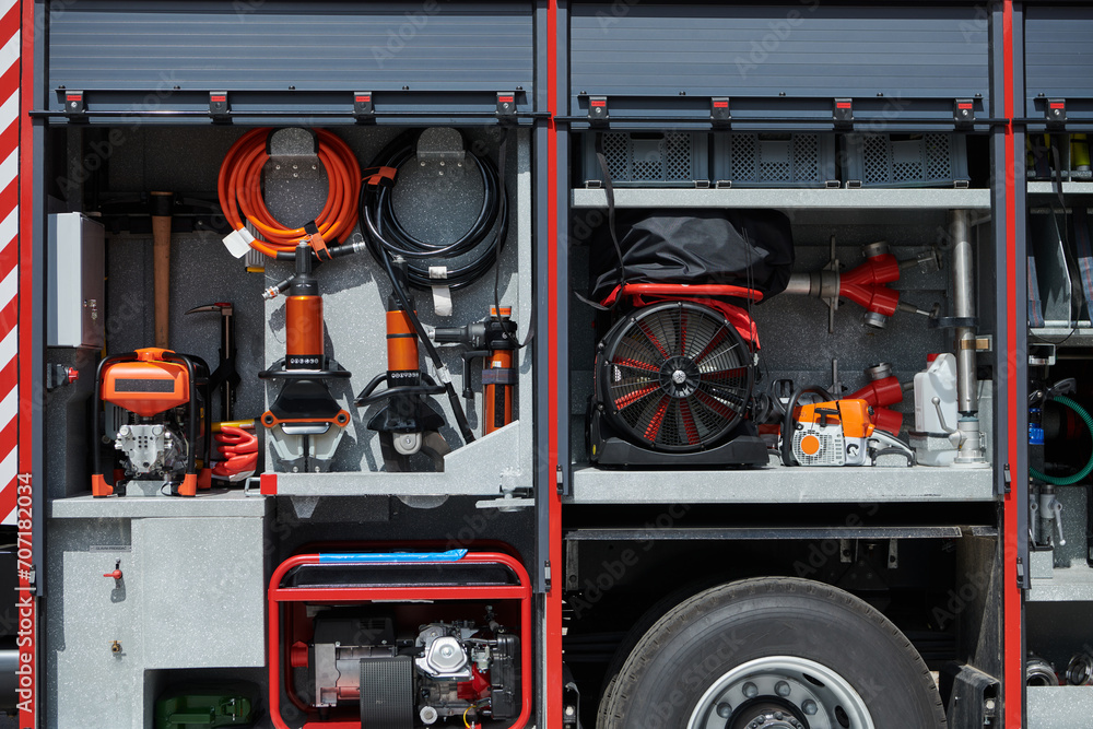 Close-up of essential firefighting equipment on a modern firetruck ...