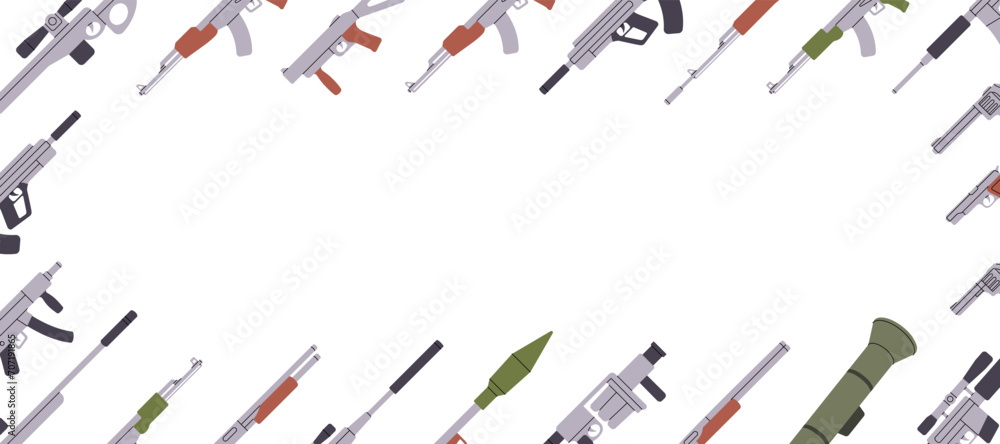 Military weapons in horizontal banner. Grenade launcher, assault rifle ...