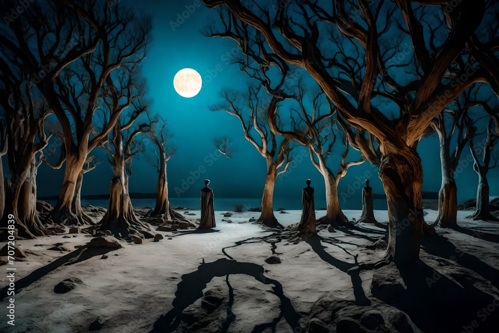 Within the ancient, petrified forest, colossal shadowy figures ...