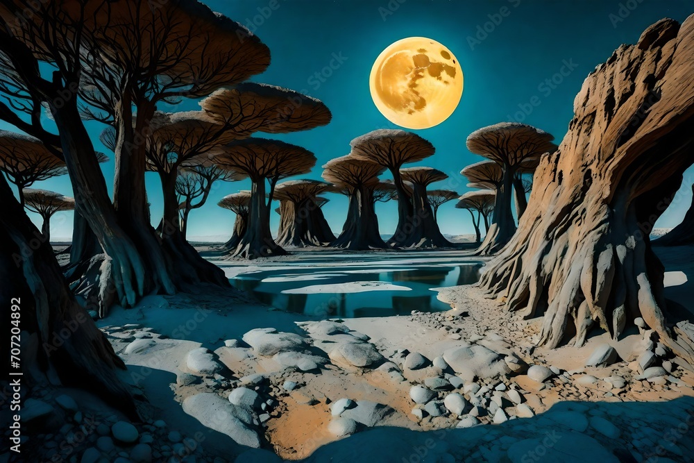 Within the ancient, petrified forest, colossal shadowy figures ...
