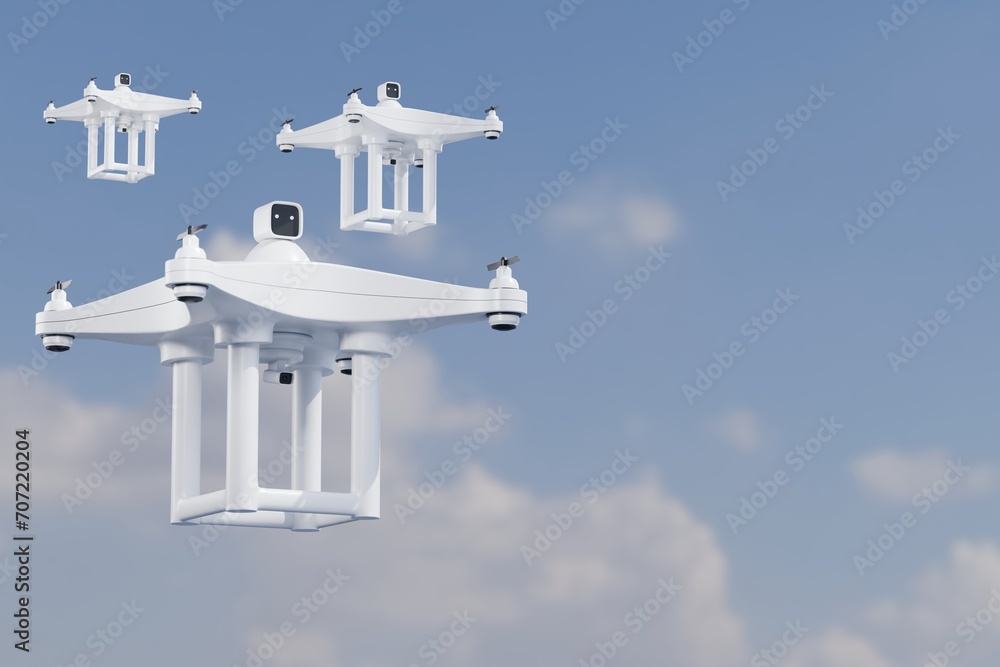 3D Blank white drones or quadrocopter on cloud background, group of ...