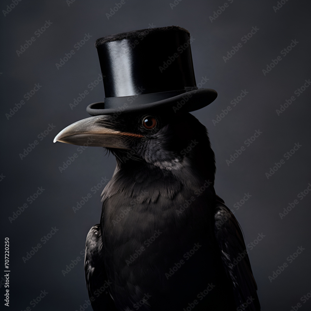 Majestic Raven with Top Hat on Dark Background A striking portrait of a ...